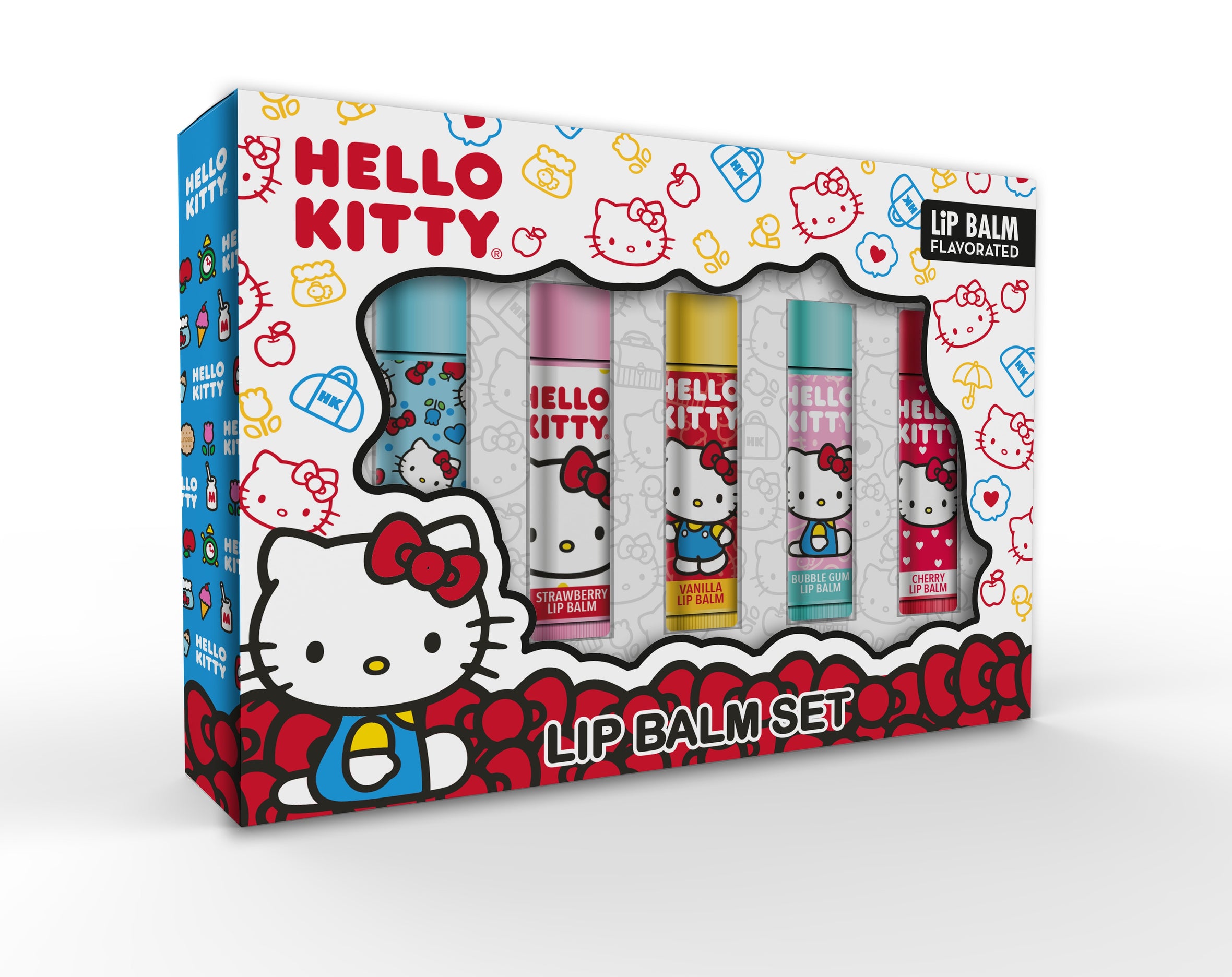 Hello kitty 5 lip balm flavoured set cherry, bubble gum, vanilla, stra ...