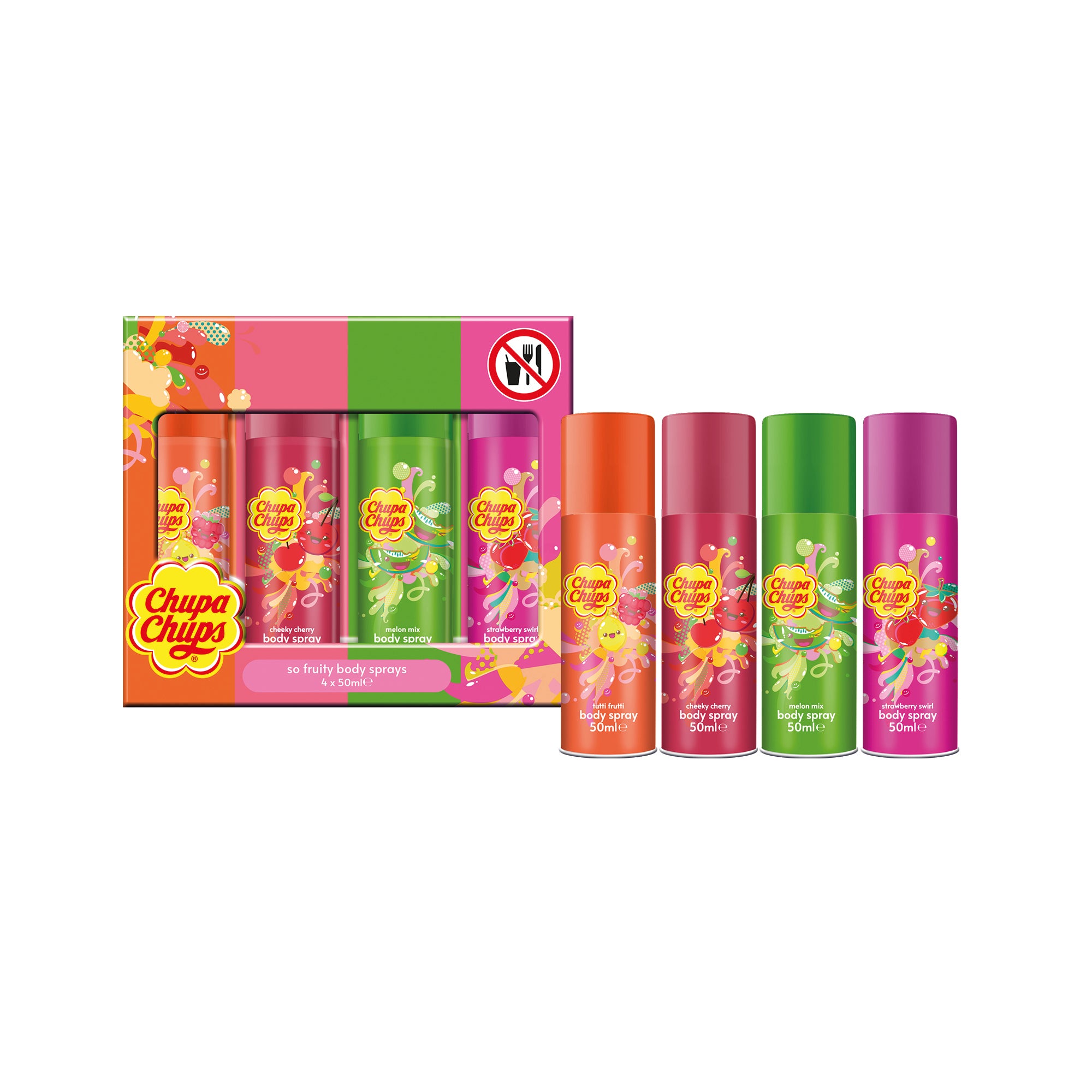 Chupa Chups 4 x 50ml Body Spray Gift Set- Cherry, Melon, Peach, Strawb ...
